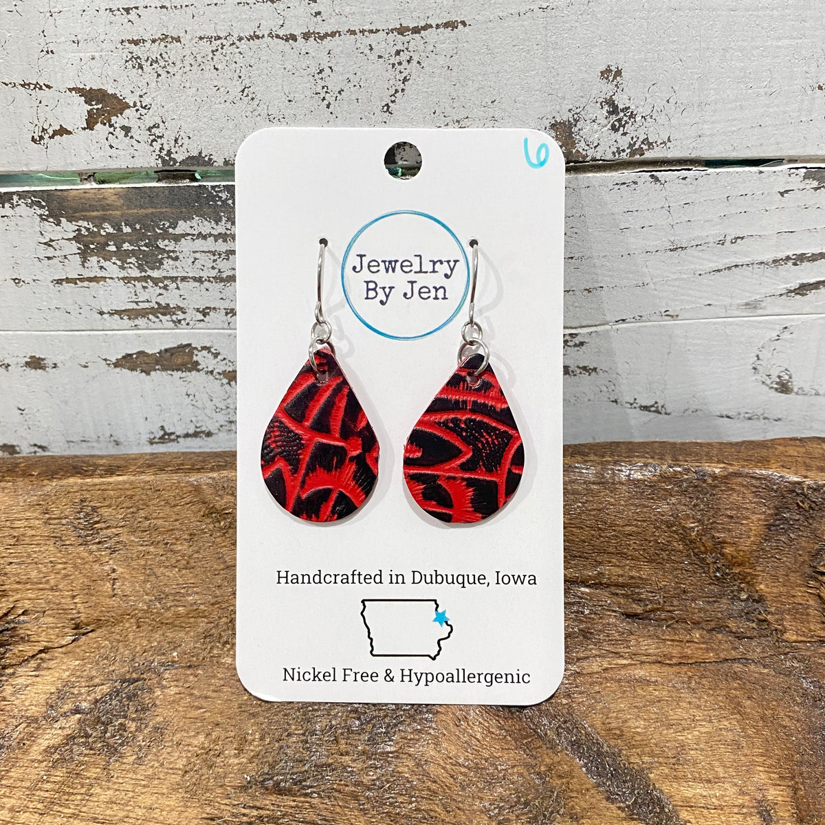 Small Teardrop: Red & Black Tooled – Jewelry By Jen LLC